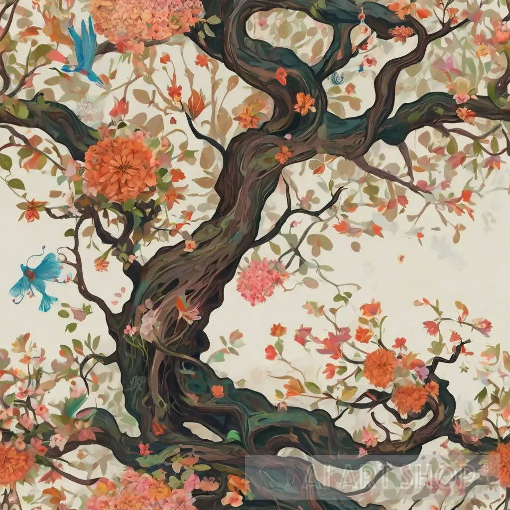 Flourishing Flora | A Vibrant Painting of Flowers and Birds