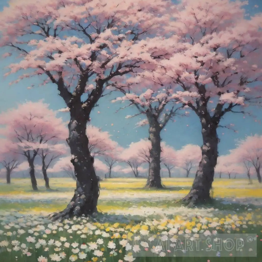 Flower field with sakura trees