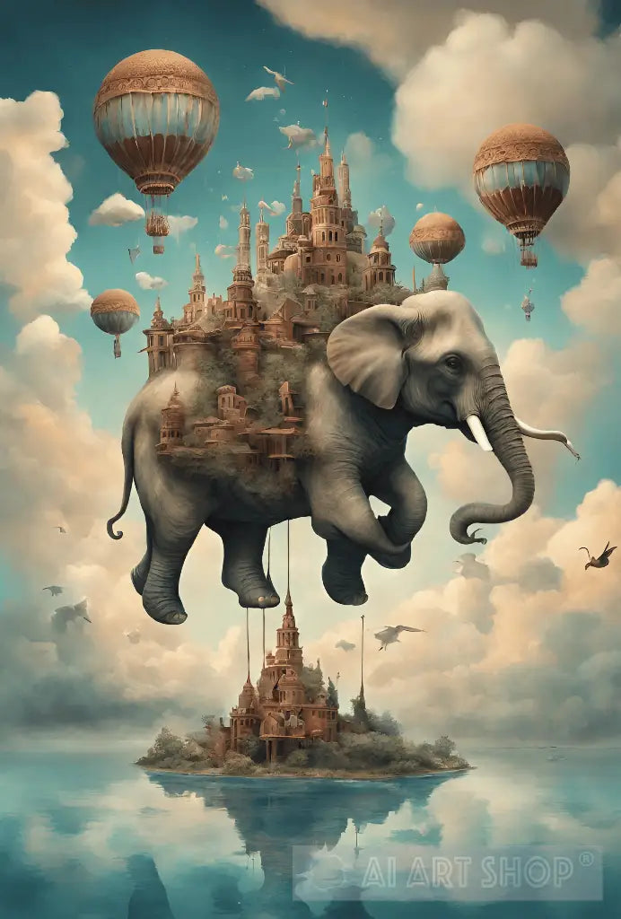 Flying elephant with city