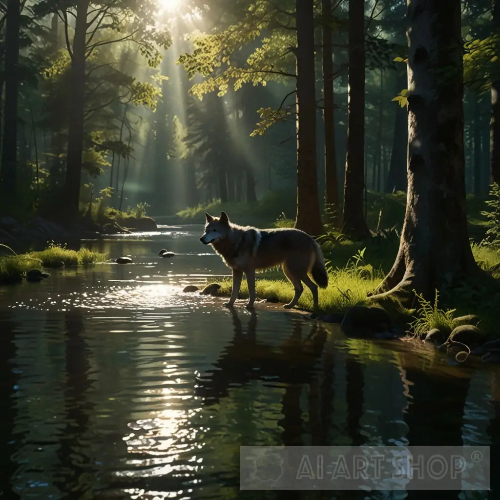 Forest, river, wolf, trees