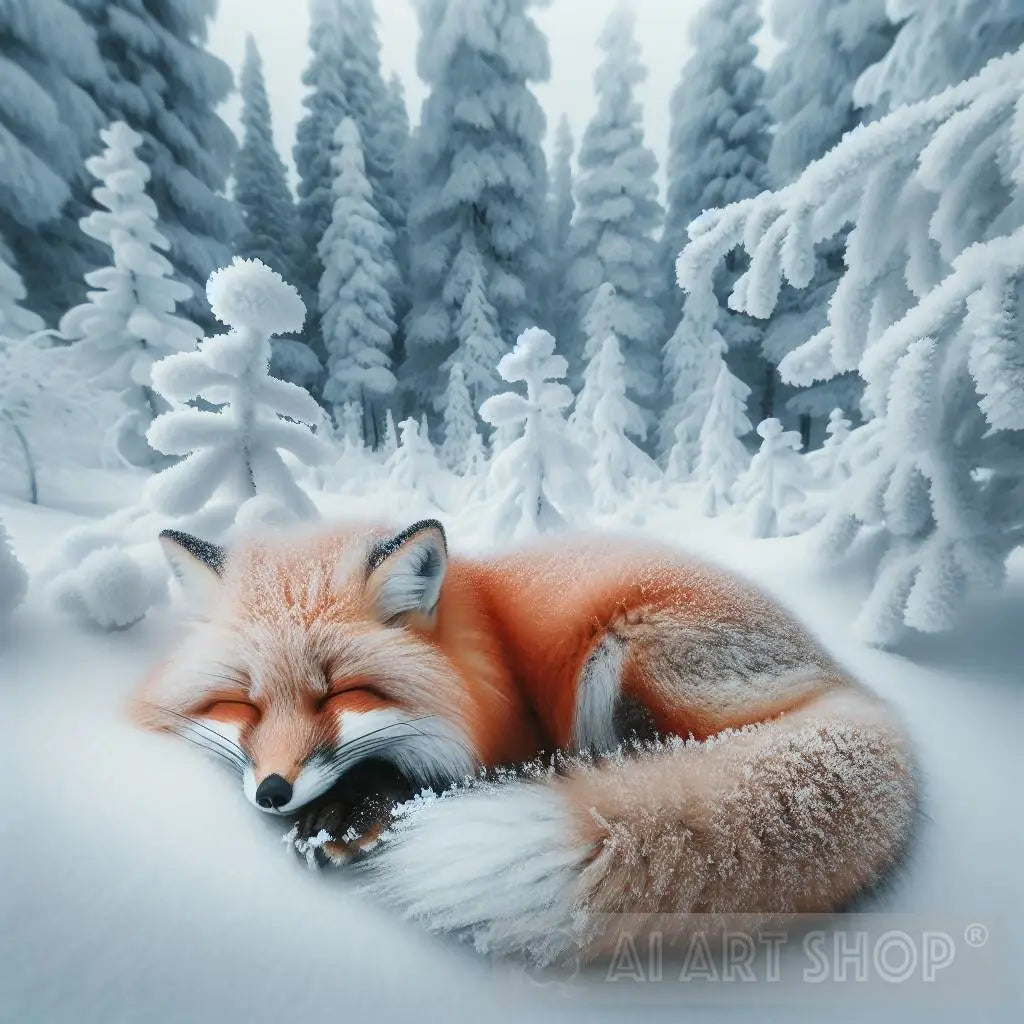 Fox asleep in snow