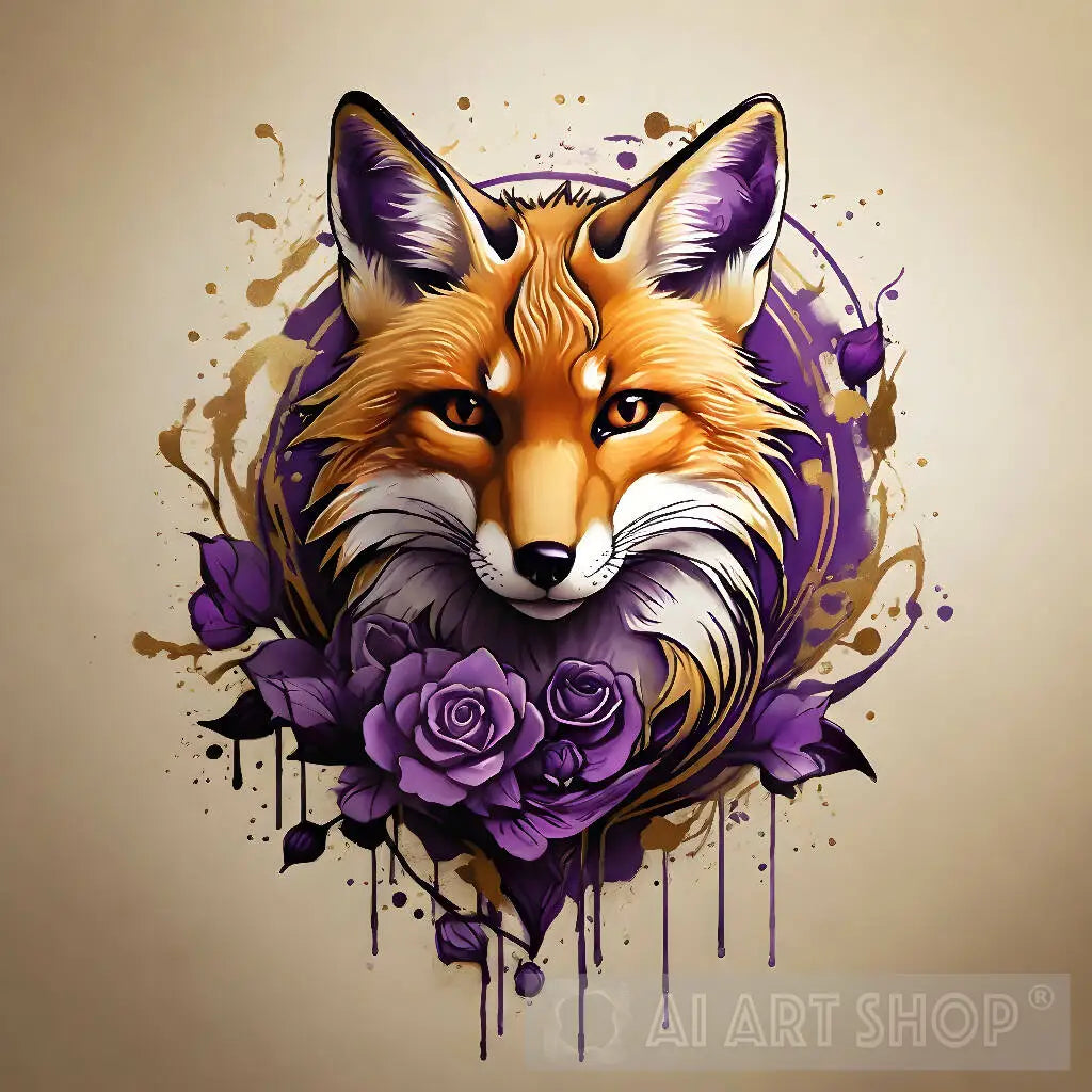 Fox With Roses, Fox Art, Roses Painting, Wildlife Elegance, Nature-...