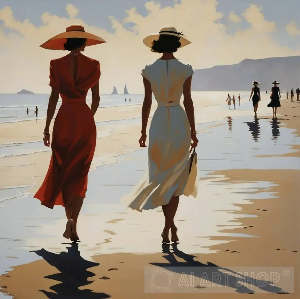 Painting by AI of beauties walking on the beach 1940s