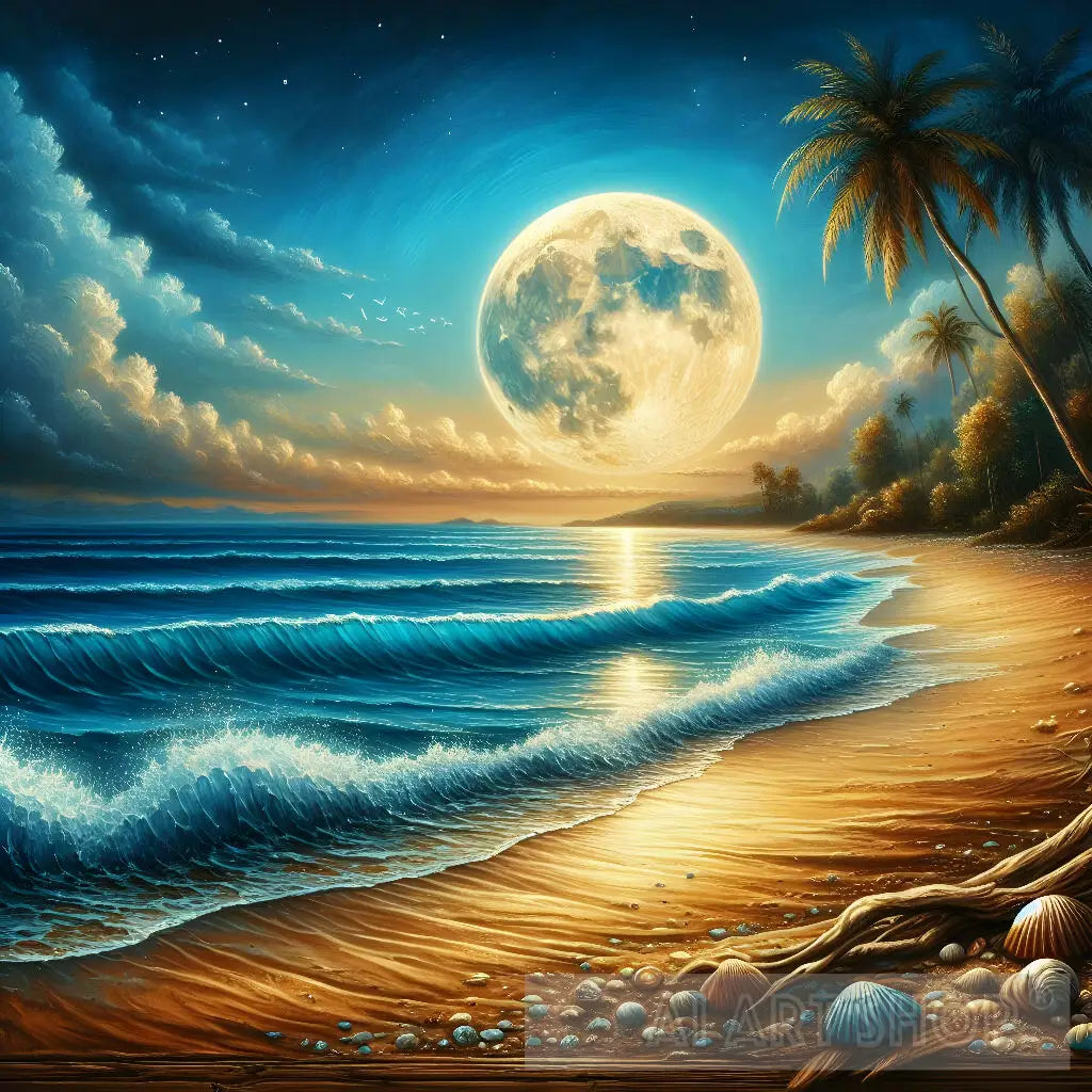 "Full Moon Beach Scene Wall Art - Serene Seascape Decor for Ho...