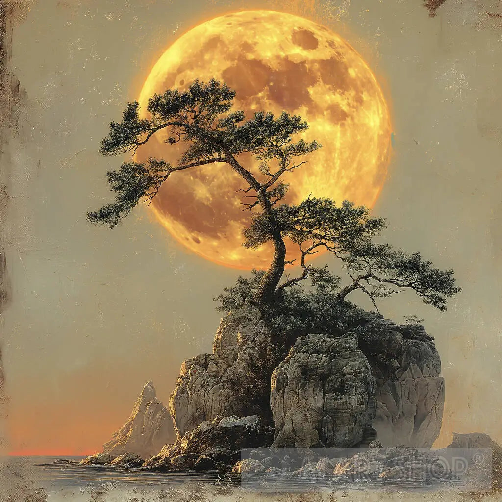 Full moon rising behind the pine tree