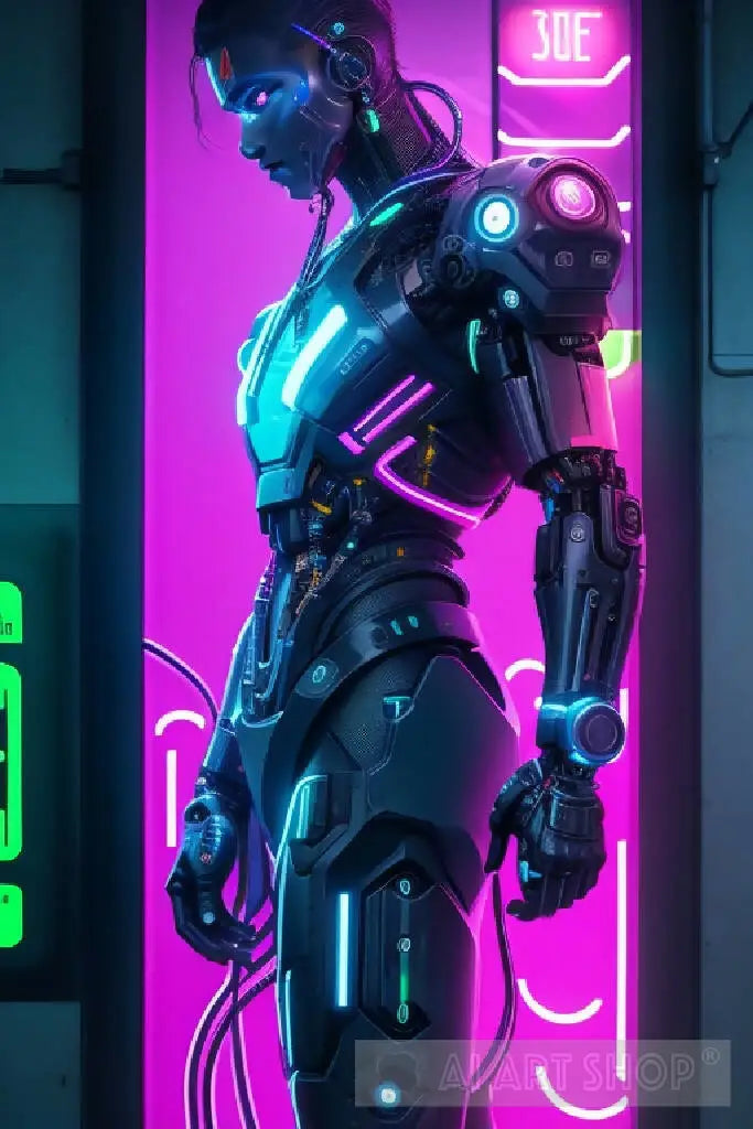 Futuristic Cyborg Poster In A Neon Lit Subway