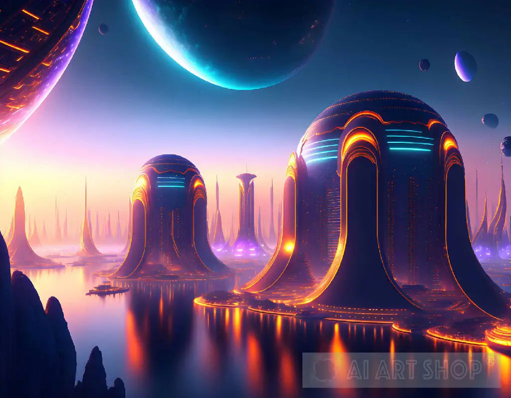 Dystopian city, futuristic, planets, city on a lake, other planet,