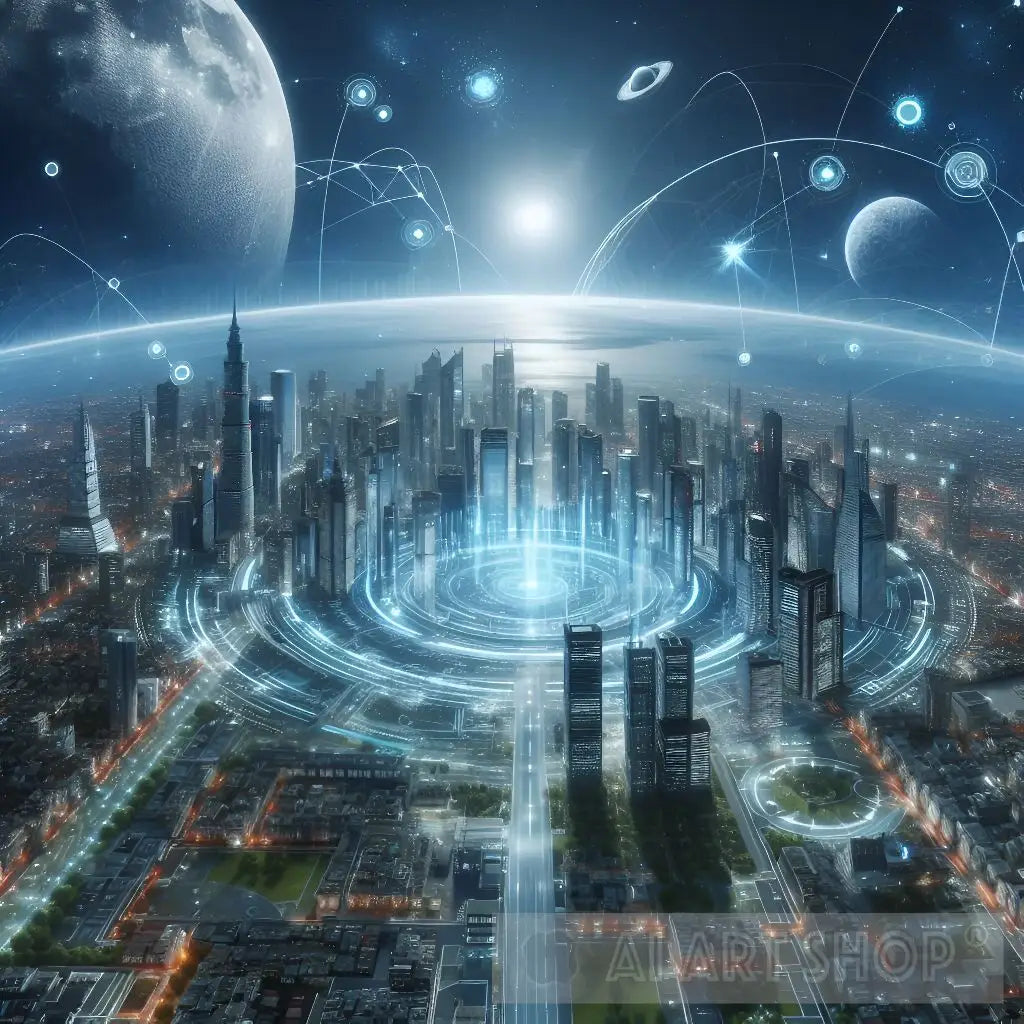 futuristic cityscape, towering buildings, central globe, moon backd...