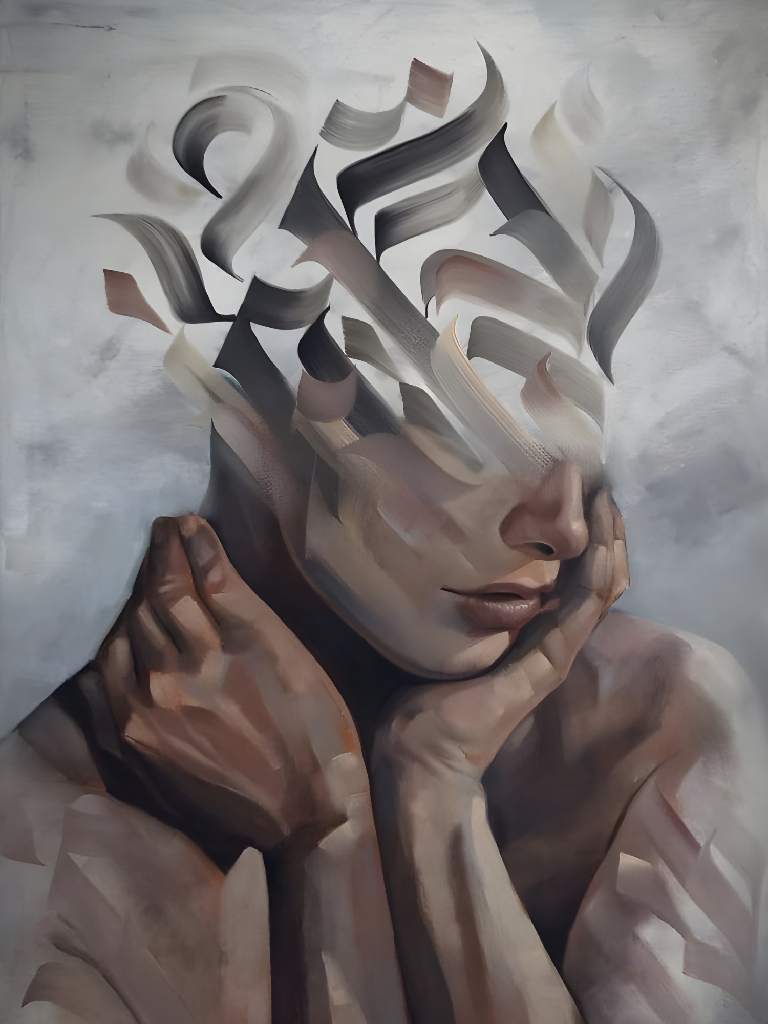 Emotional Abstract Figure Inner Dialogue, monochromatic, grayscale,...