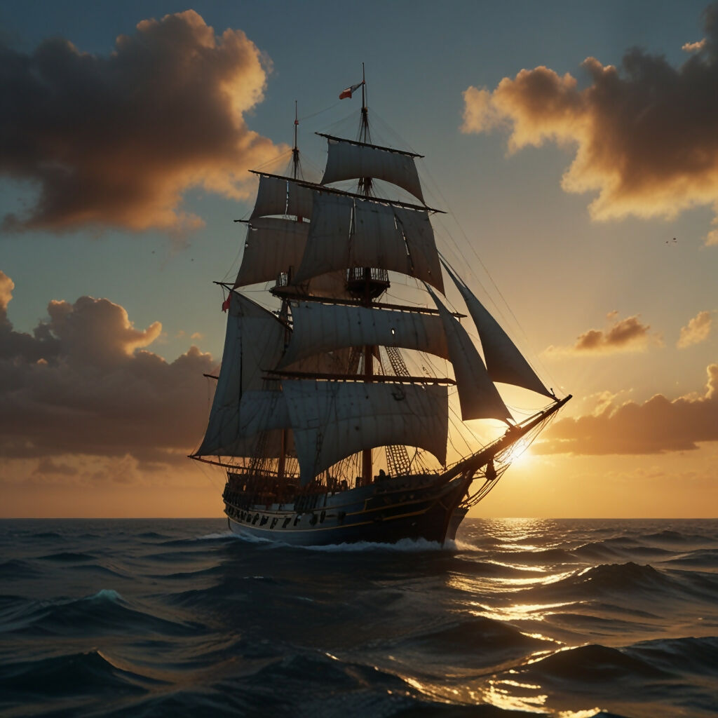 Photo of a ultra realistic sailing ship, dramatic light, pale sunri...