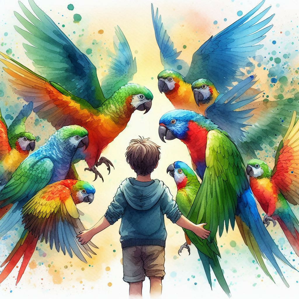 A Boy Watching Beautiful African Parrots