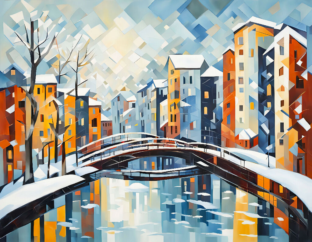 Cubist Cityscape with Snowy Canal