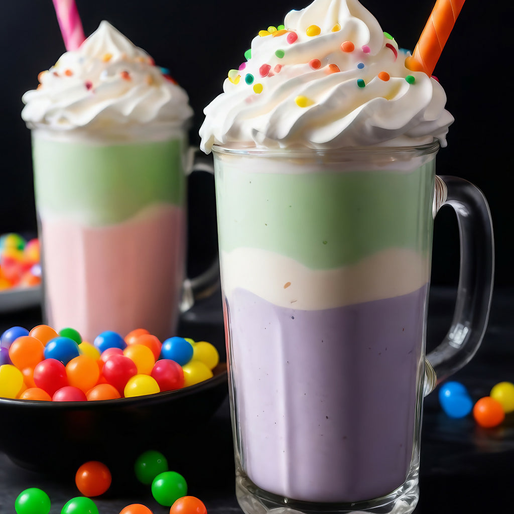 Two tall glass mugs filled with vibrant, layered milkshakes in shad...