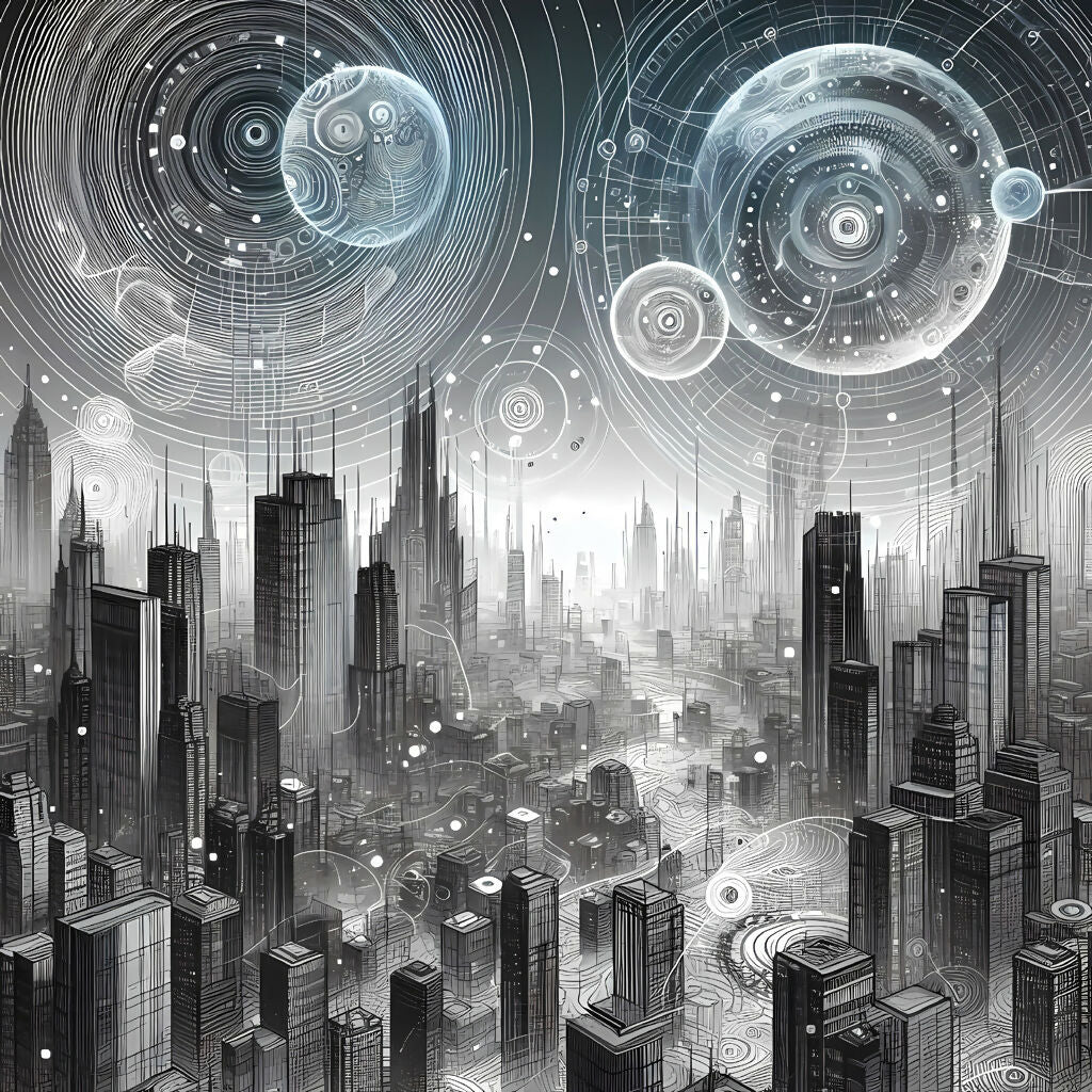 Surreal Futuristic Cityscape AI Art – Celestial Gridlines Over Futu...