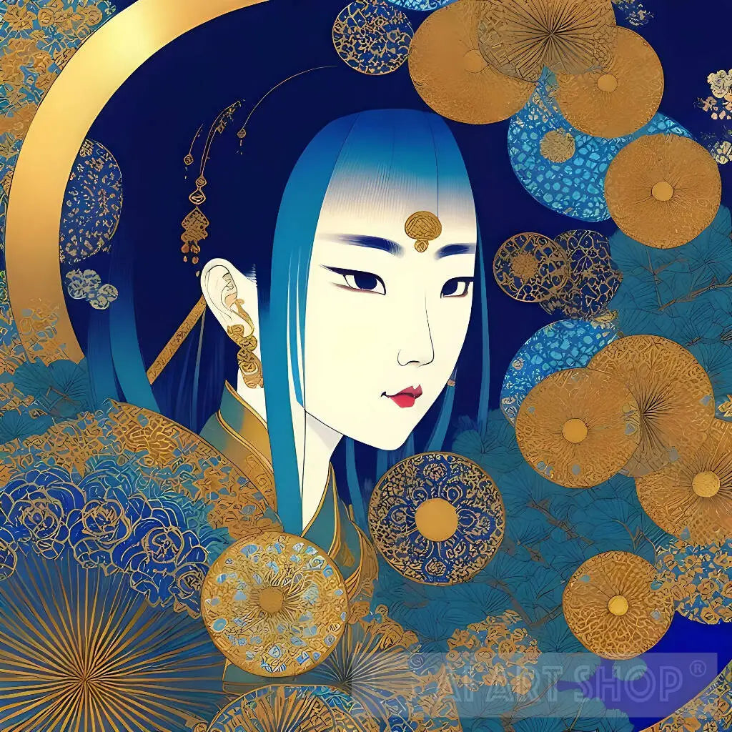 portrait, geisha, blue, gold, blue and gold