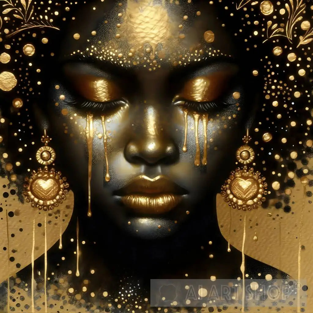 Gold And Black Sad Face, Emotional Art, Melancholic Expression, Ref...