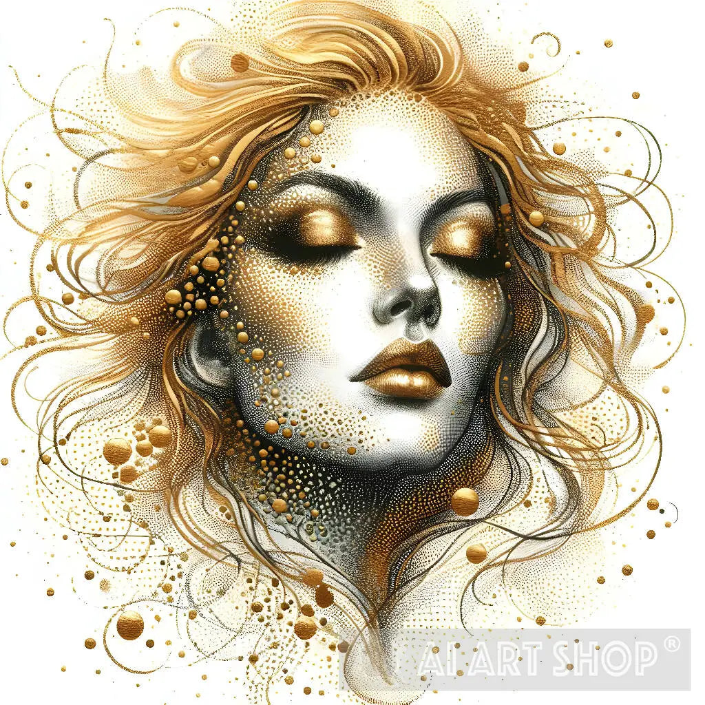 Gold Dreamy Woman Face, Ethereal Beauty, Opulent Art, Luminous Glow...