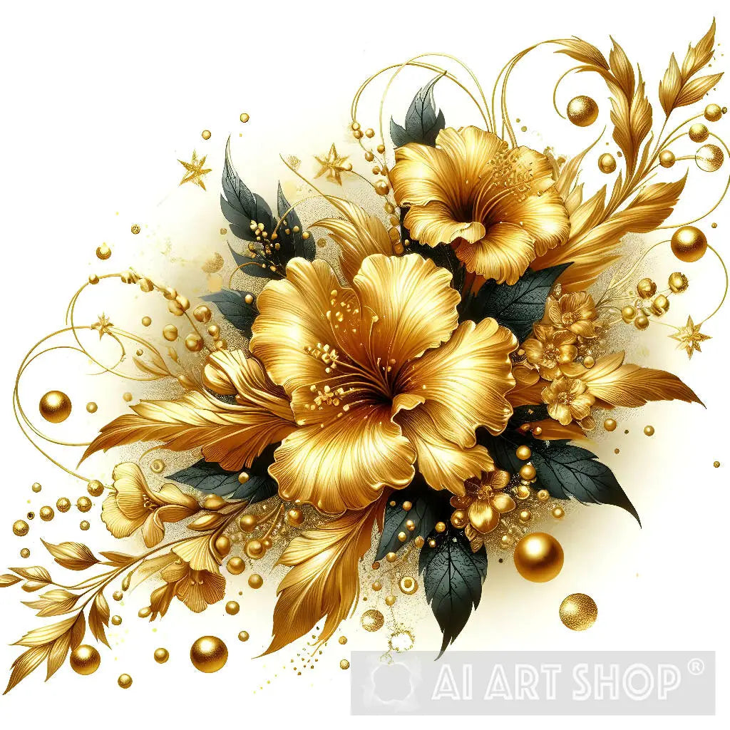 Gold Flowers, Floral Elegance, Opulent Art, Nature In Gold, Luxurio...