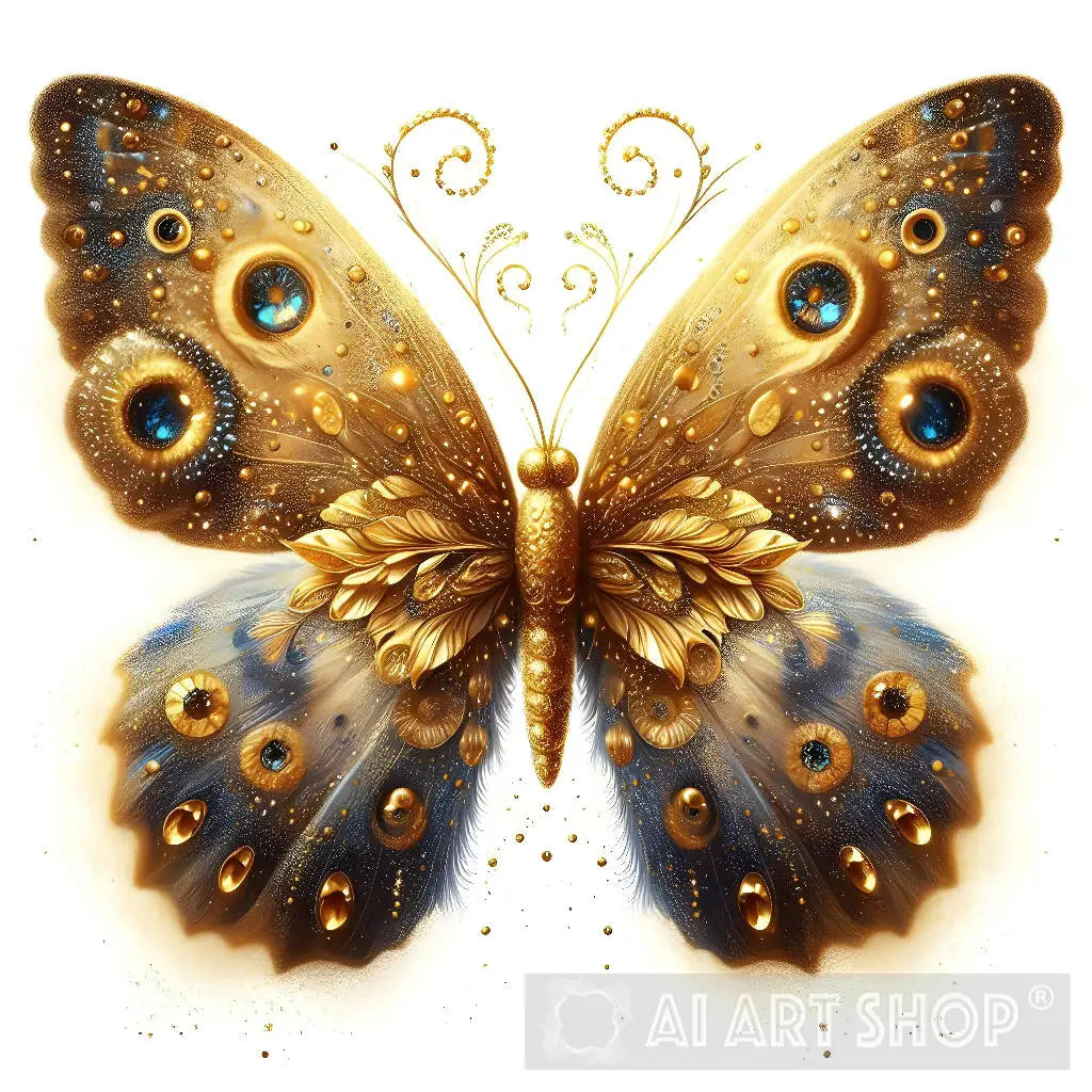 Golden Butterfly With Blue Eyes, Golden Butterfly, Ethereal Eleganc...