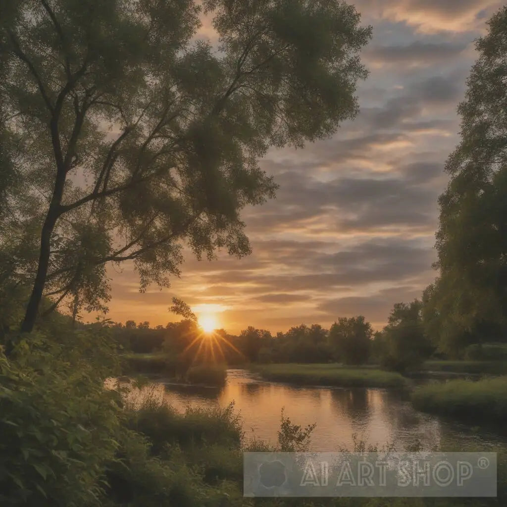 "Golden Embrace: Sunset's Serenade Over Greenery"
