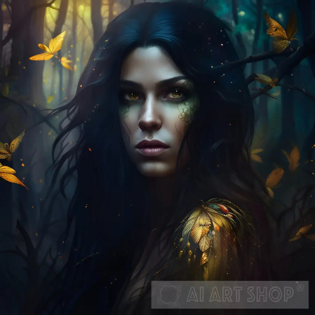 golden dark haired fairy woman fantasy