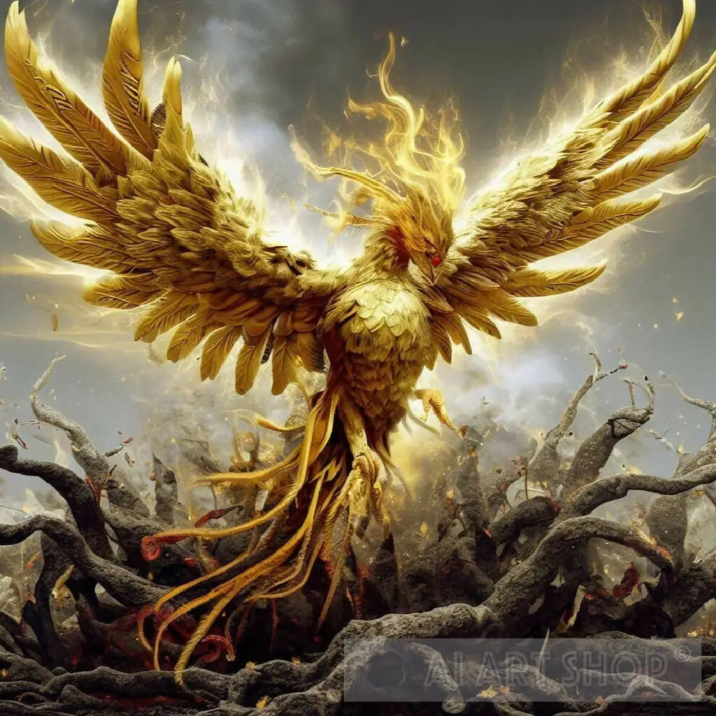 Golden Wingfire - Mythical Phoenix Art By AI Artz