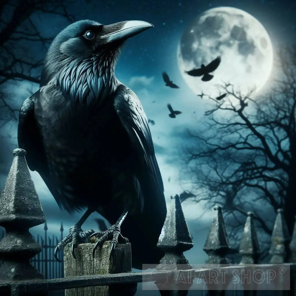Gothic Crow Sitting on a Fence With the Moon Behind Him