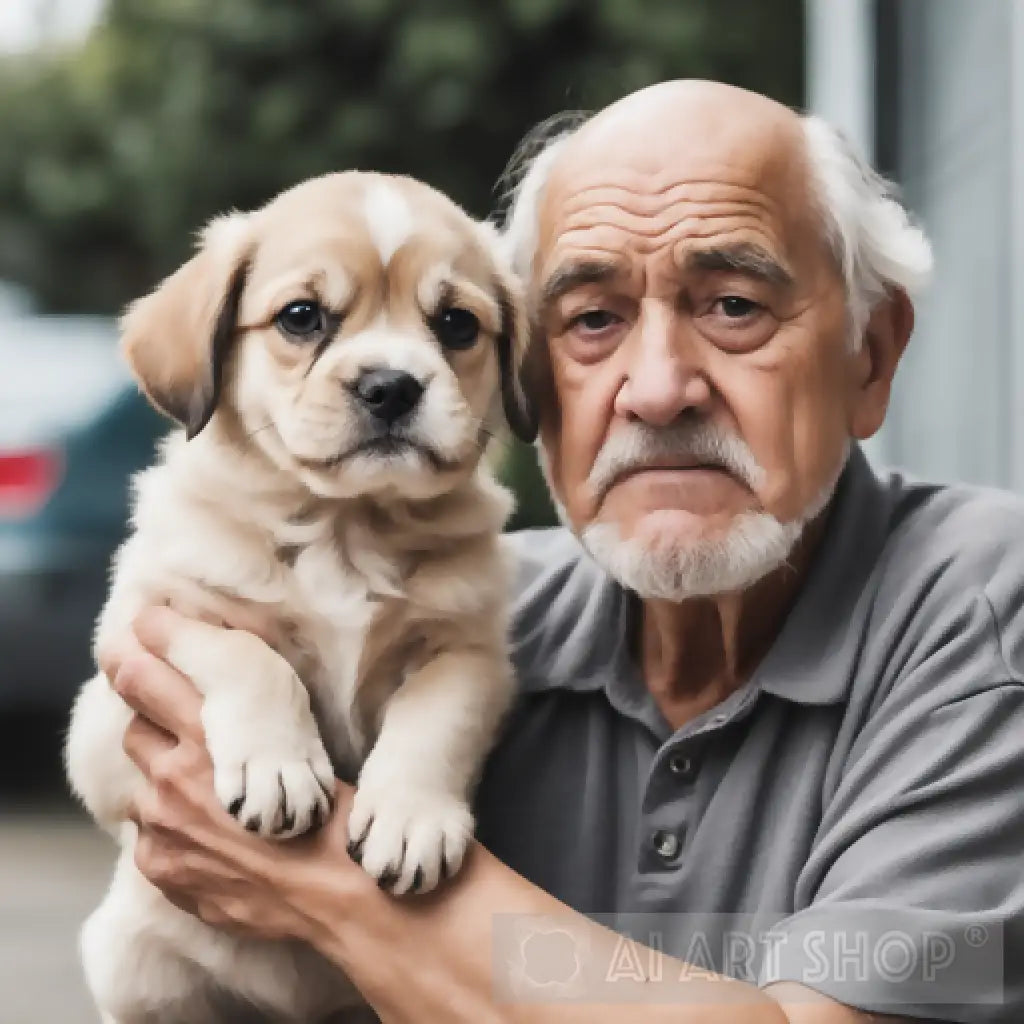 Grumpy owner and cute puppy
