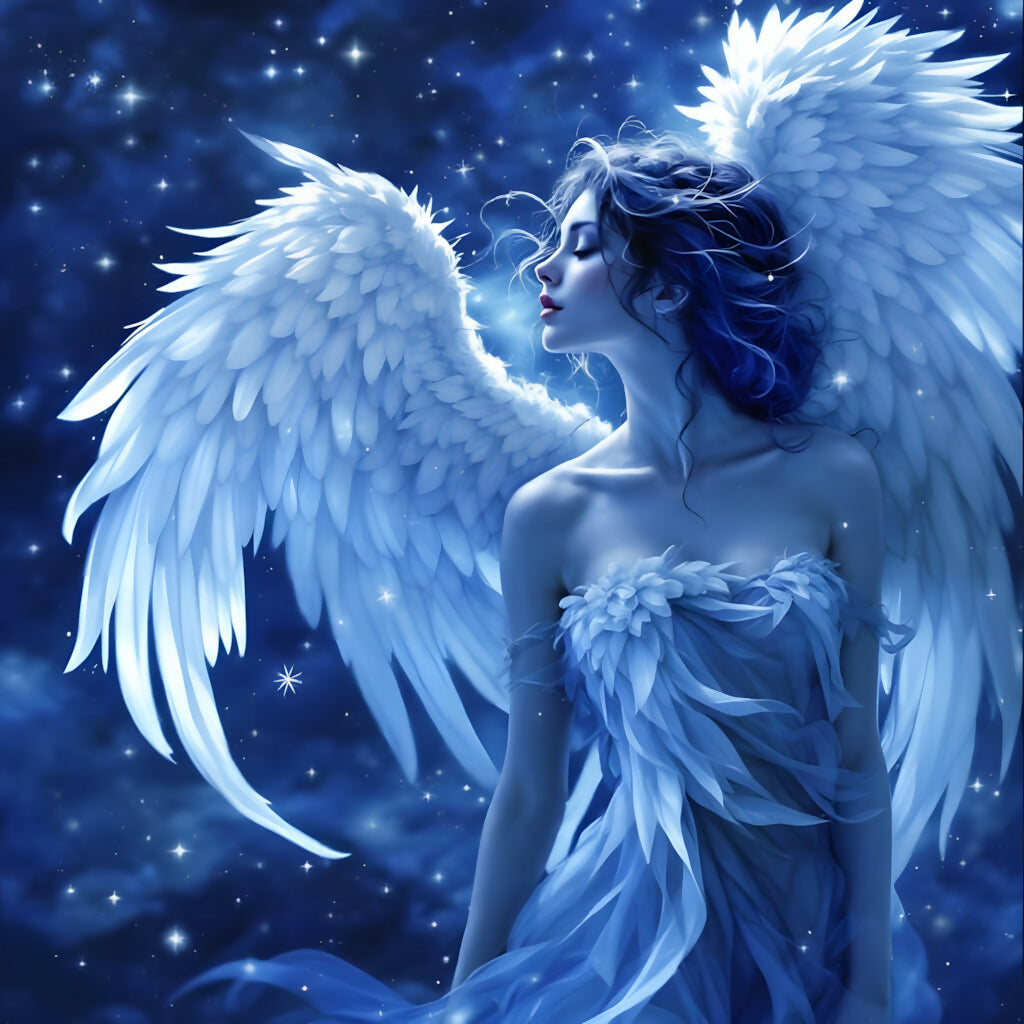 Starlit Grace – Elegant Angel in Midnight Sky Surrounded by Stars