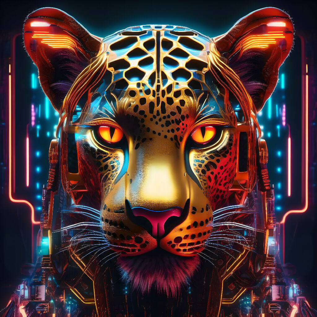 Cyber Leopard, Futuristic Art, Neon Wildlife, Digital Art, Cyberpun...