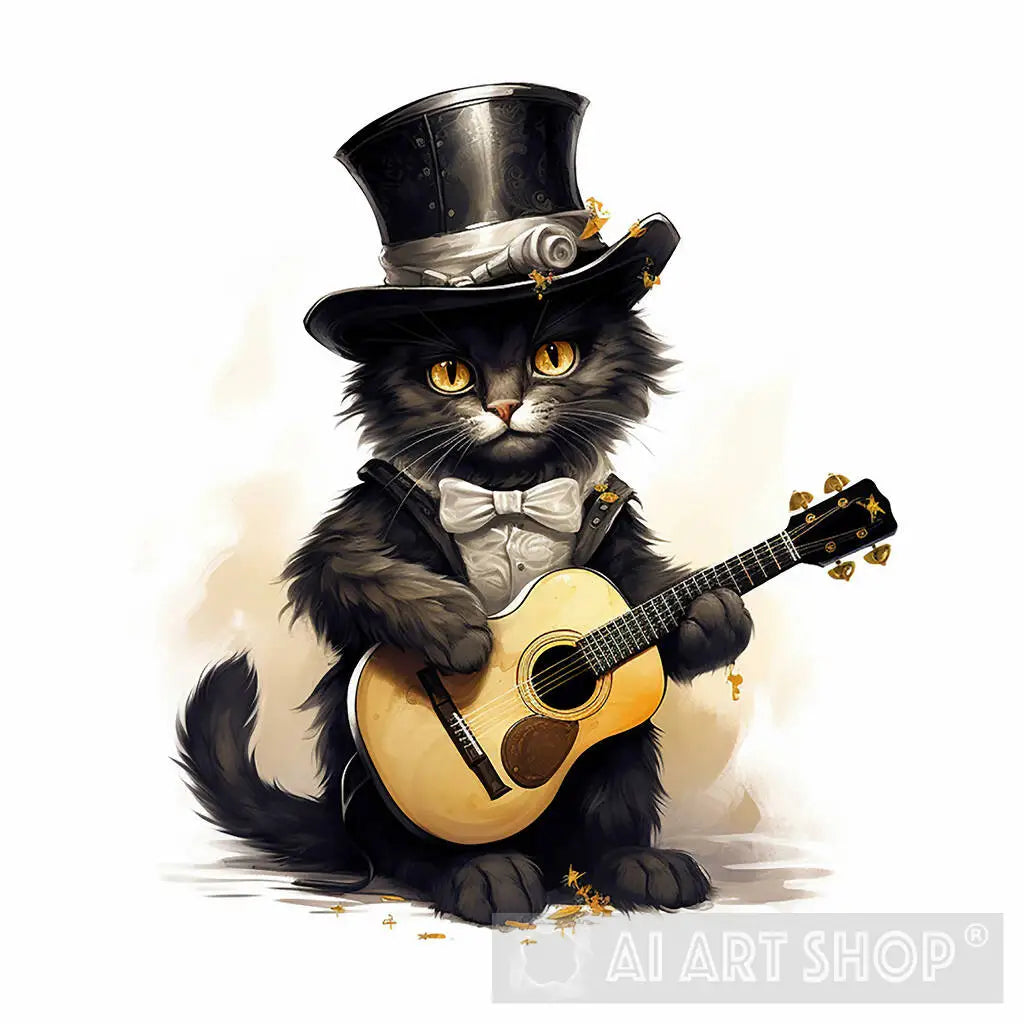 Cat, top hat, guitar