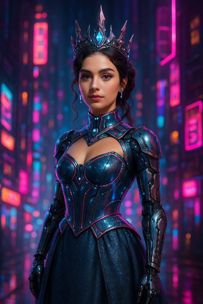 Cyberpunk Queen of the Neon Realm – Futuristic Warrior Art