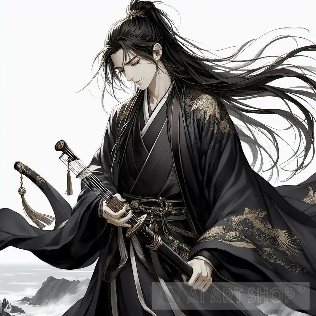 Handsome Black Robed Chinese Hero with Sword