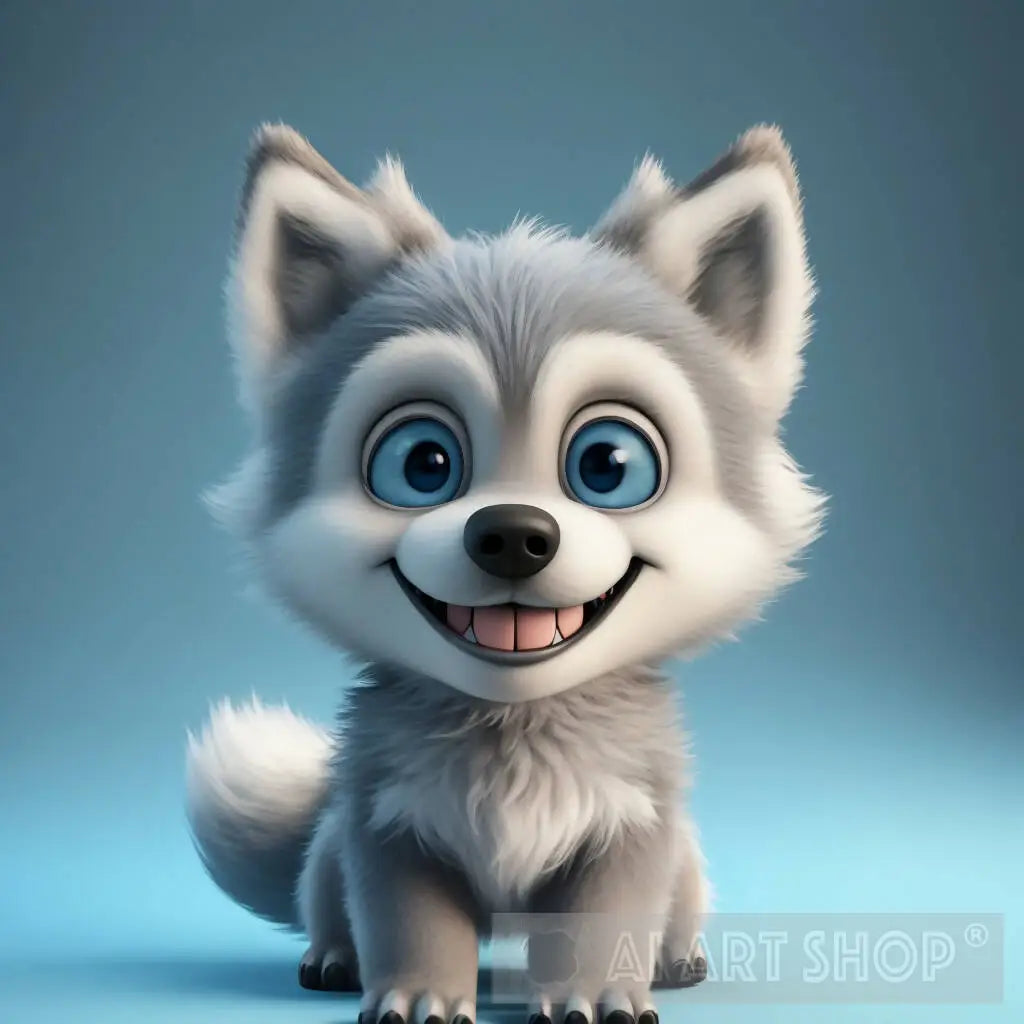 happy furry and cute baby Gray Wolf smiling with big eyes