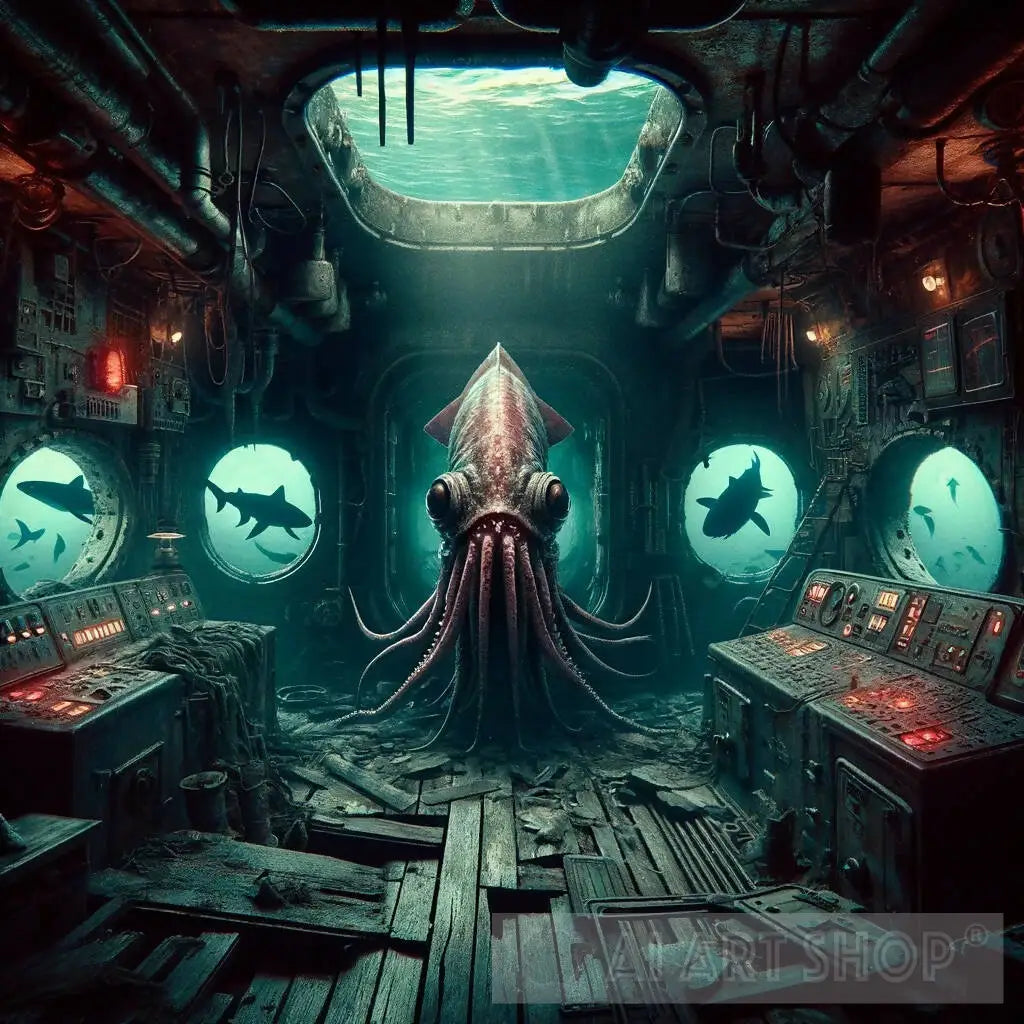 ocean, shipwreck, shark, squid, submarine, sunken, eerie, menacing,...