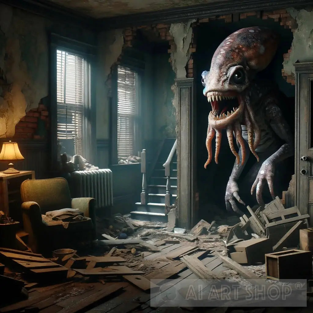 haunted, mansion, ruins, room, squid, t-rex, giant, hybrid, scary,