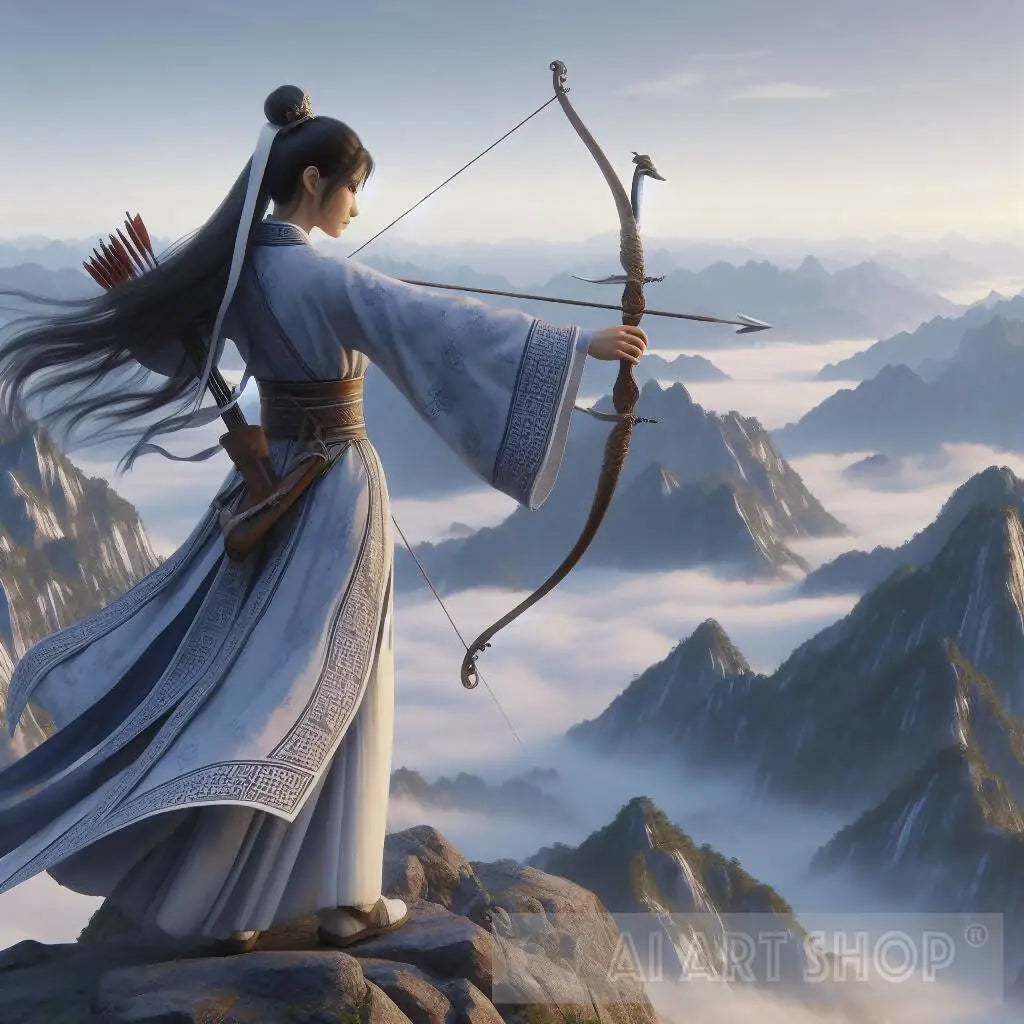 Heroic Ancient Chinese Heroine Archer Shoots Bow in Mountains