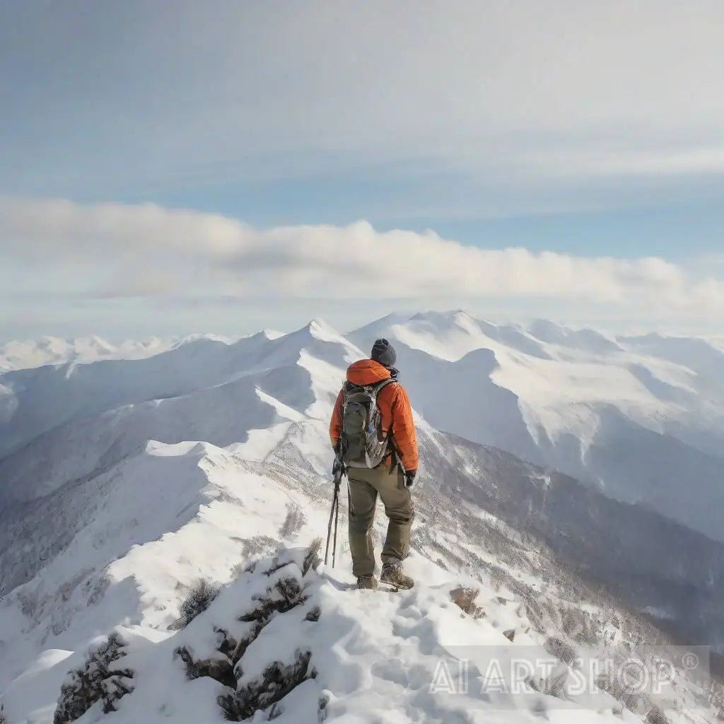 Hiker photographer in snowy mountain peak