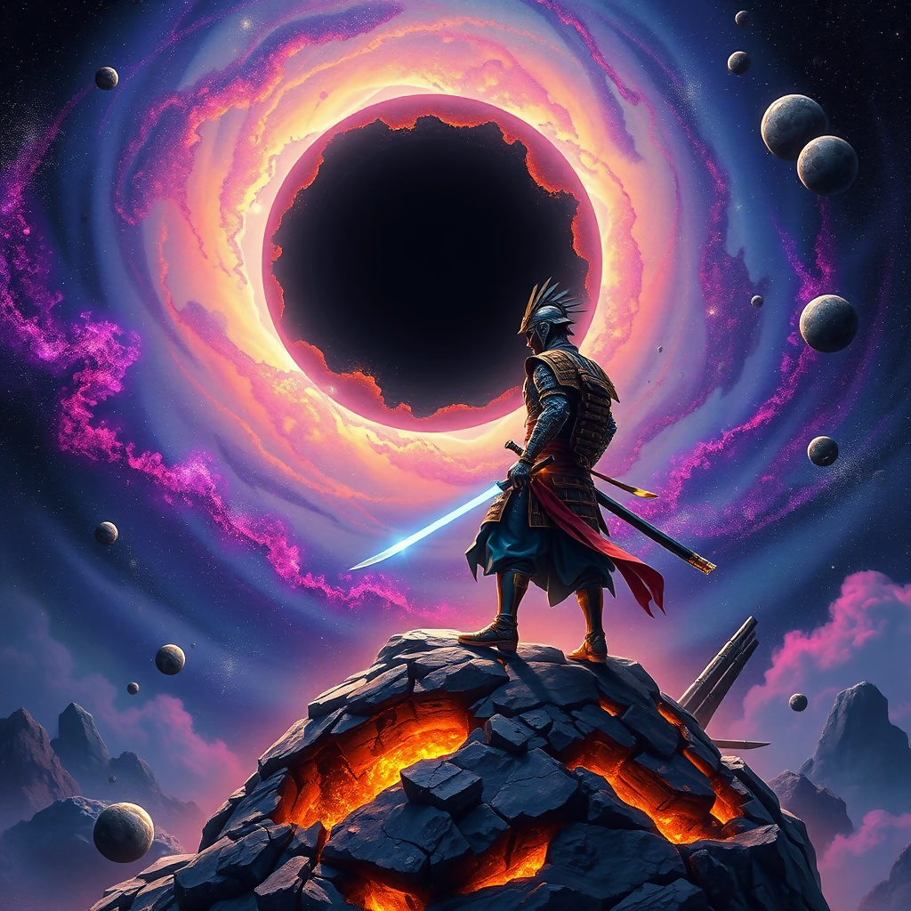 A cosmic samurai battles oblivion amid nebula storms and black hole...