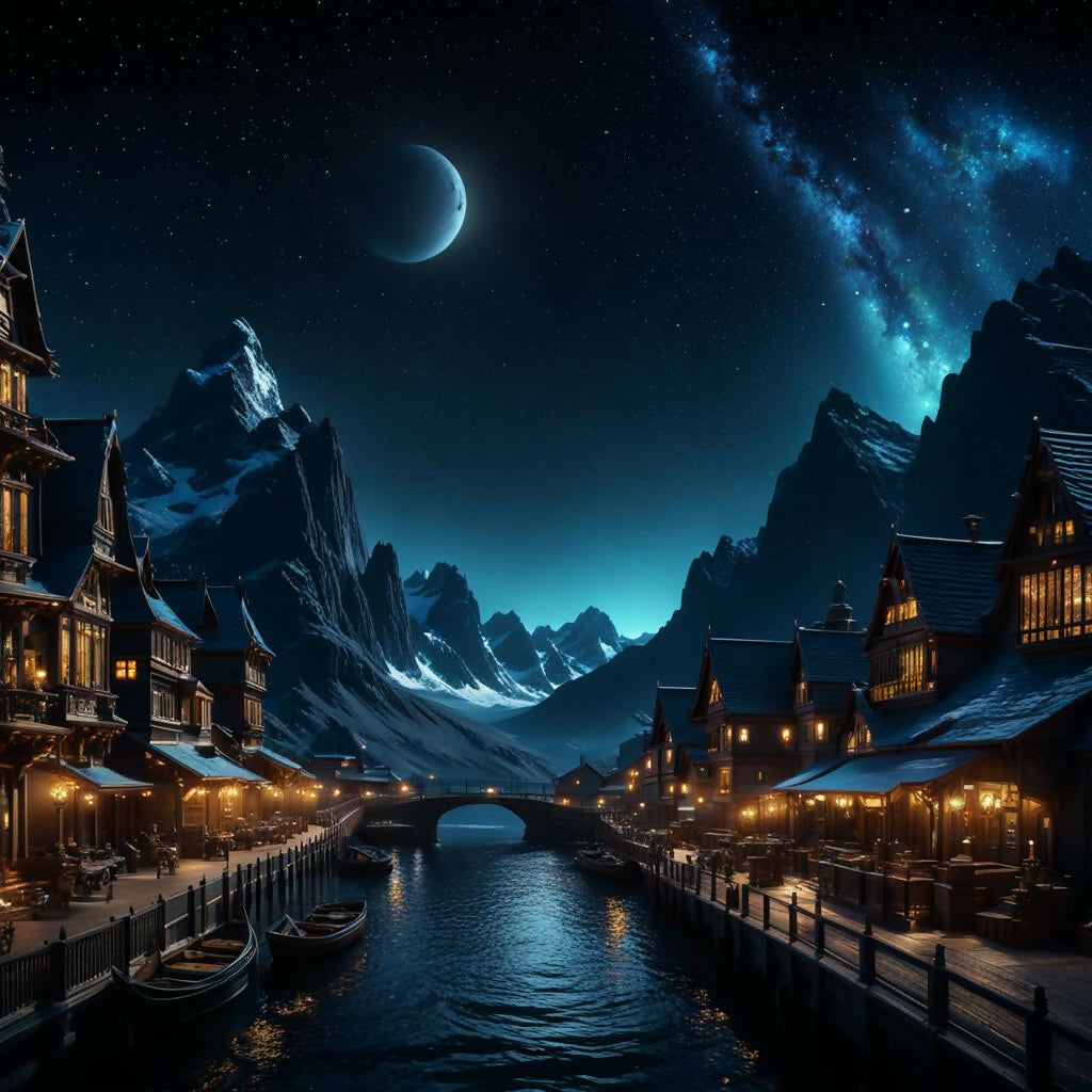 Magical Night in Snowy Village with River and Mountains