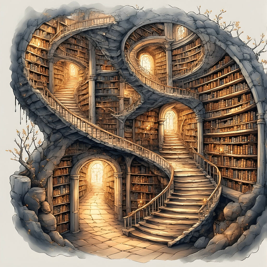 fantasy library, magical architecture, spiral staircases, cavern bo...