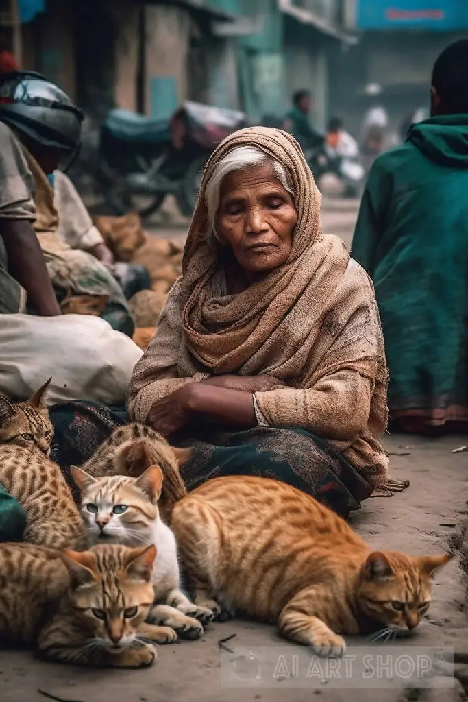 Homeless Woman with Cat's
