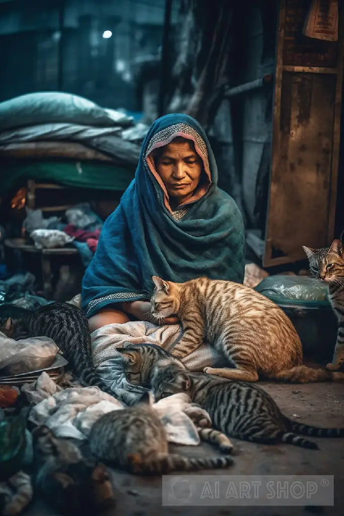 Homeless Woman with Cat's