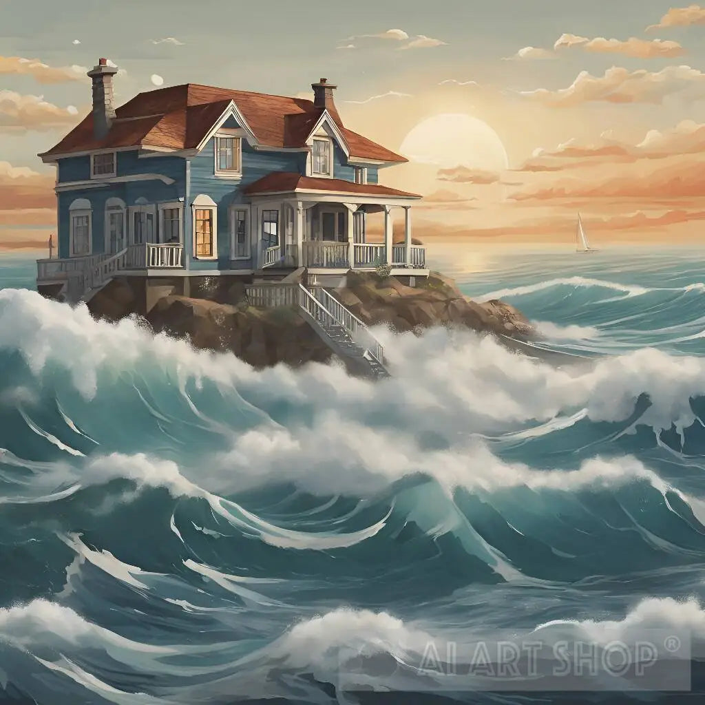 An artistic painting of a house by the sea