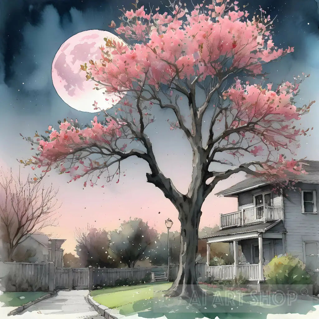House with pink tree