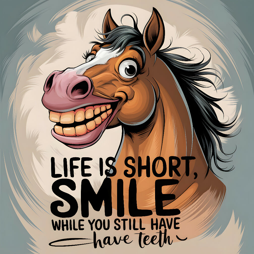 Illustration of a horse with a wide, toothy grin, showcasing its large