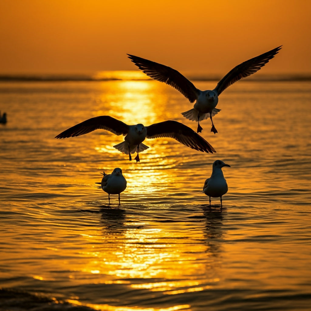 Seagulls Flying at Sunset