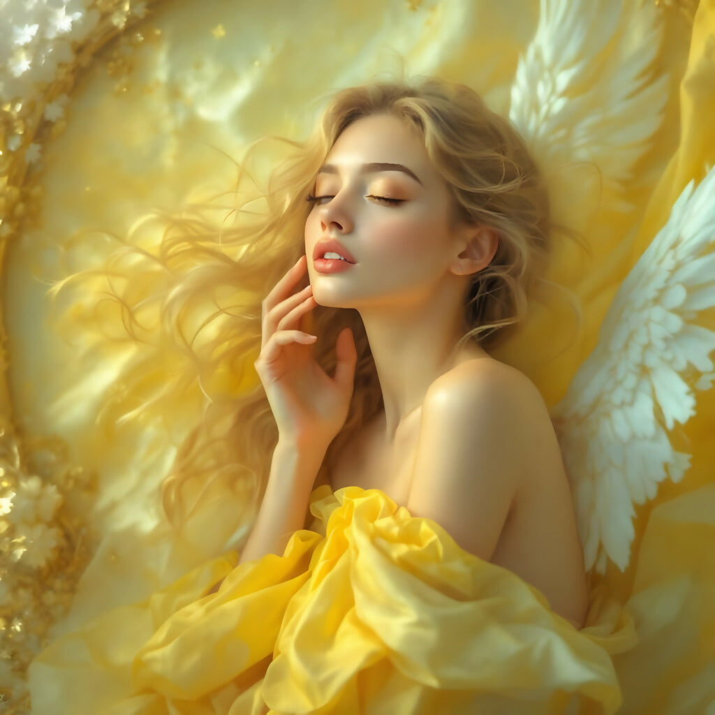 Golden Reverie – Serene Angel Wrapped in Light AI Art Print