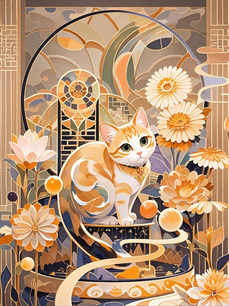 Golden Sacred Cat Art – AI Lotus Guardian – Abstract Spiritual Decor
