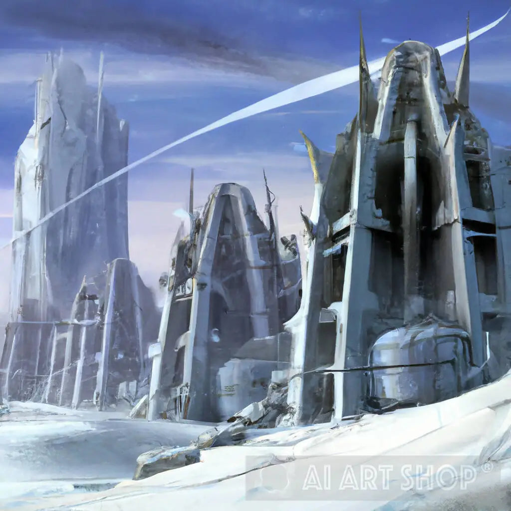 Ice Wall: Futuristic walled fortress building on ice planet. AI sci...